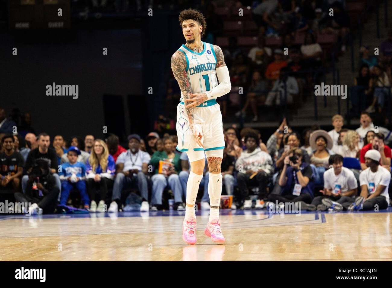 Charlotte Hornets guard LaMelo Ball celebrates after his 3-point basket ...