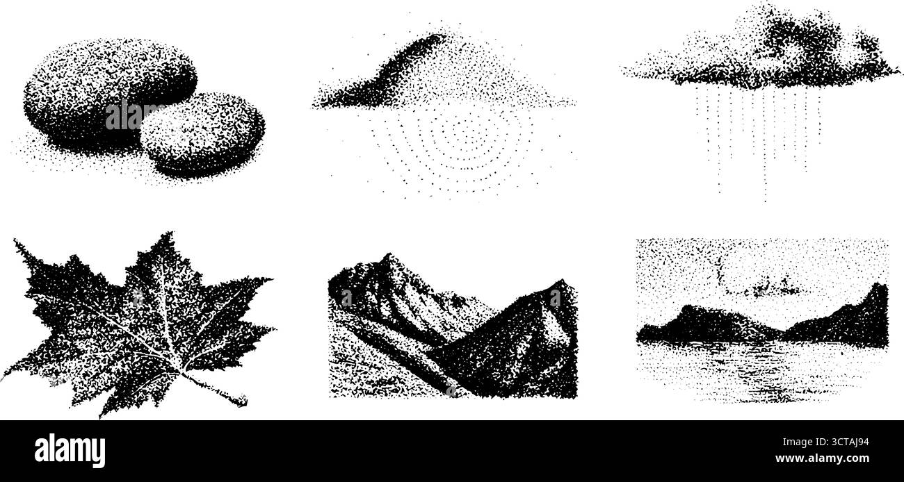 Detailed stipple dotwork illustration set of pebbles, leaves, mountains ...