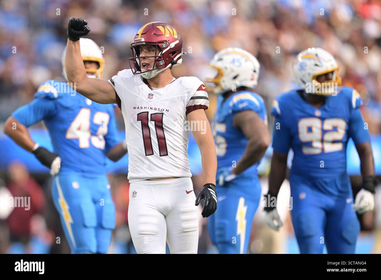 Washington Commanders wide receiver Luke McCaffrey (11) reacts after a ...