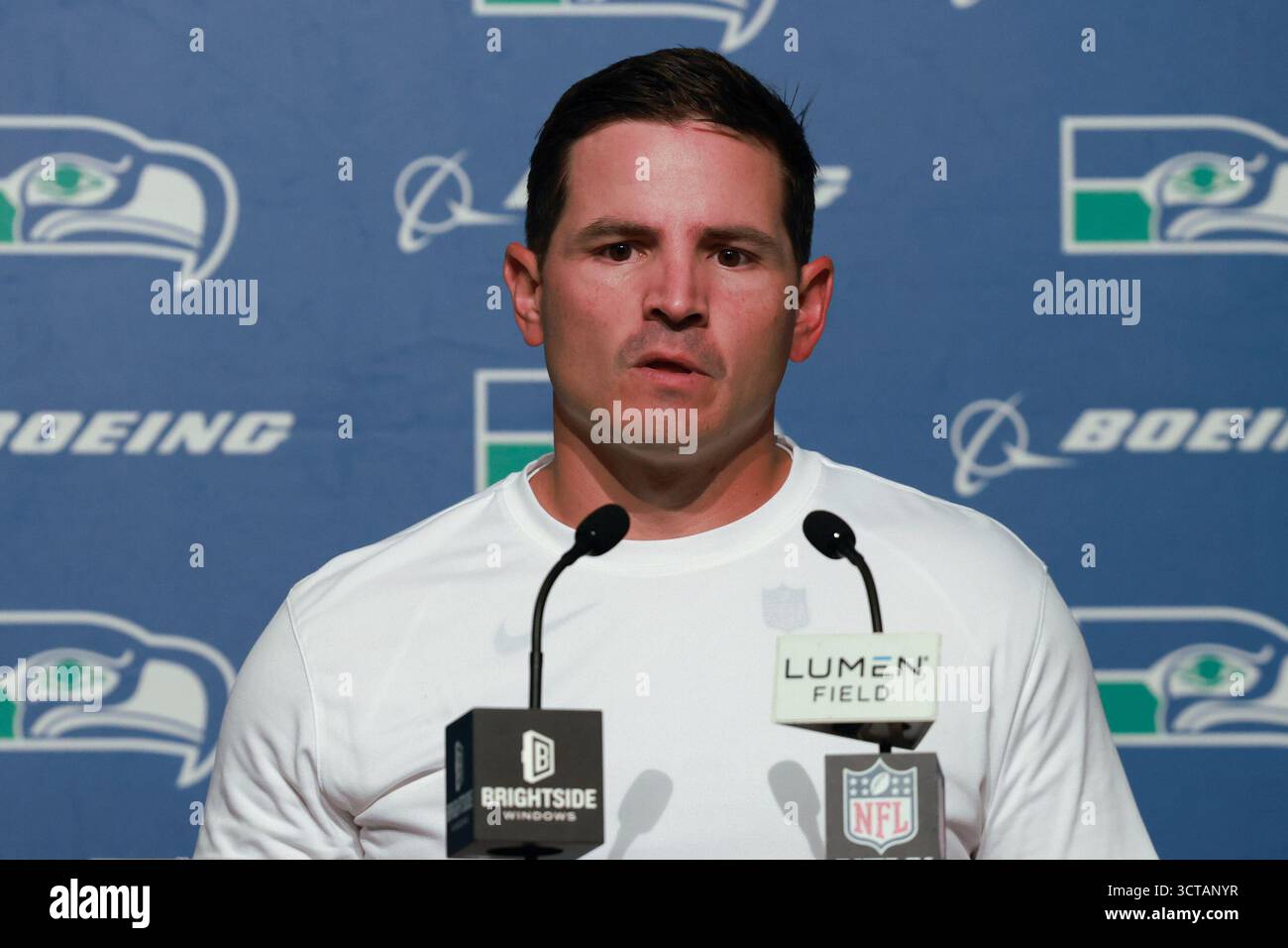 Seattle Seahawks head coach Mike Macdonald speaks during a news ...