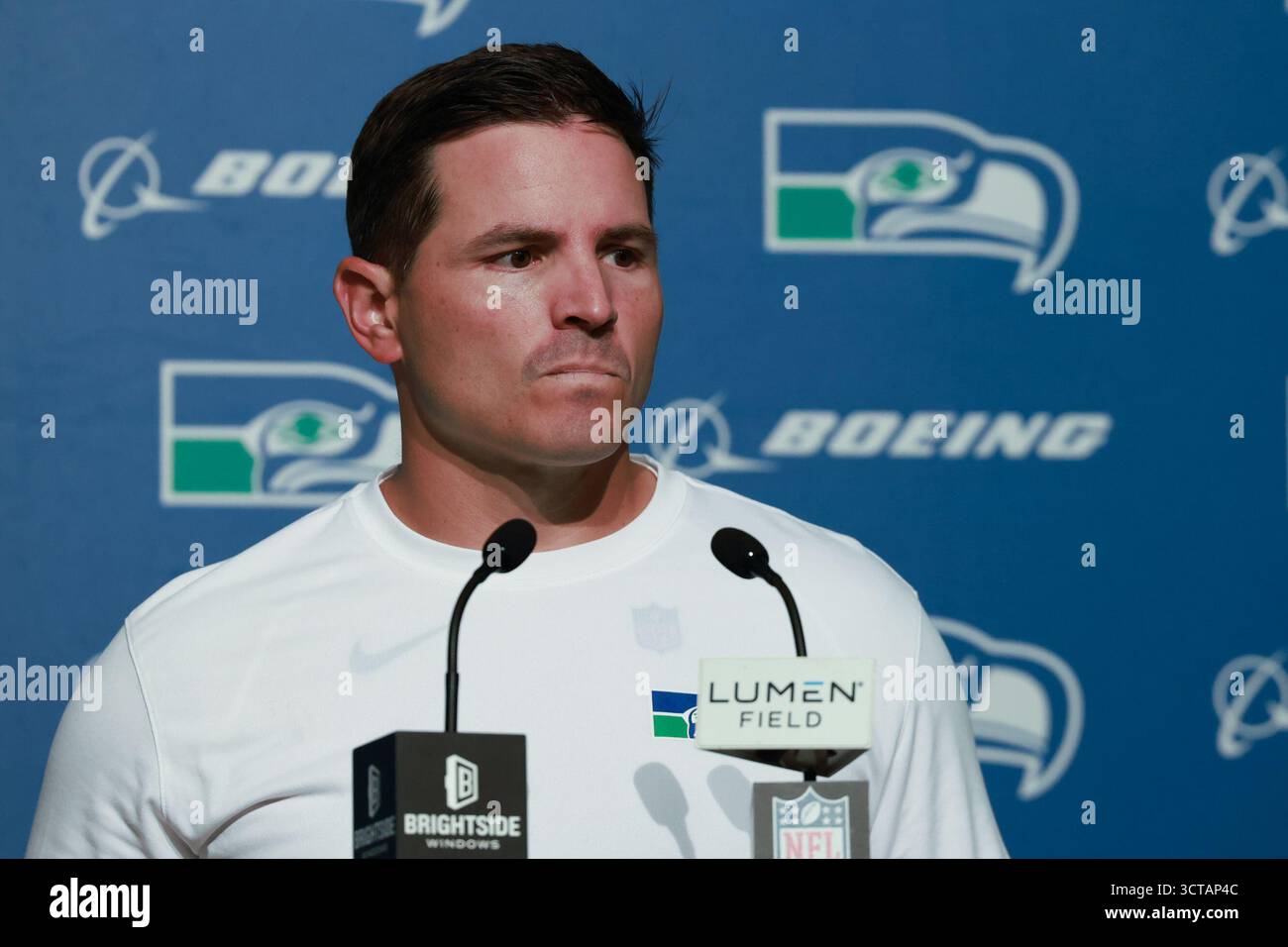 Seattle Seahawks head coach Mike Macdonald speaks during a news ...