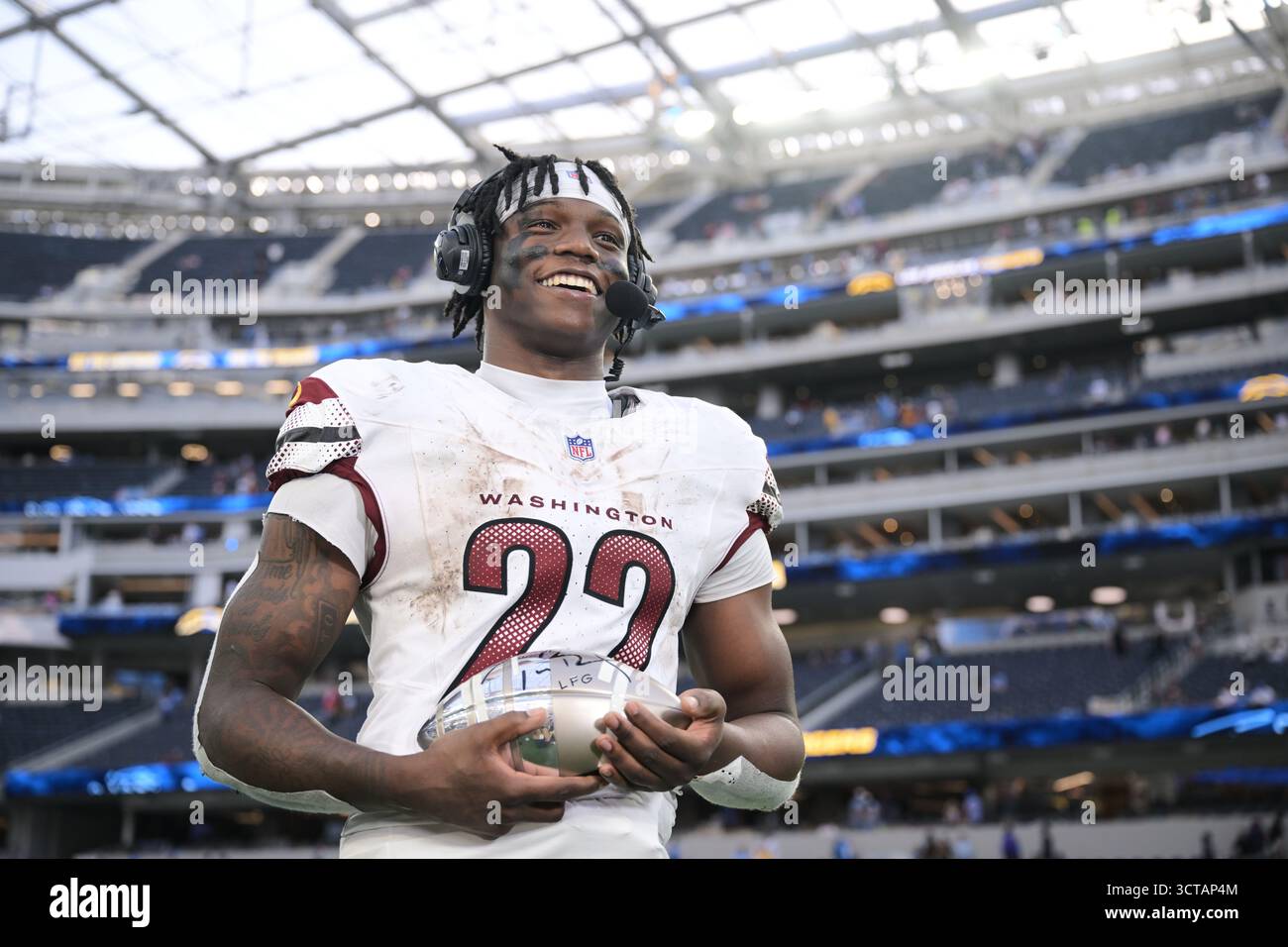 Washington Commanders running back Jacory Croskey-Merritt (22) smiles ...