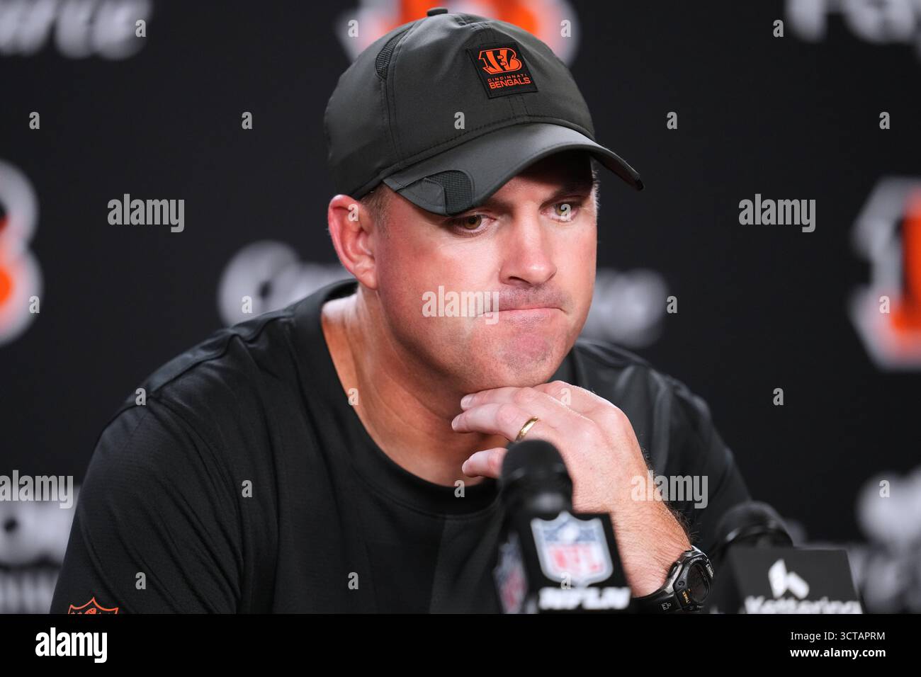 Cincinnati Bengals head coach Zac Taylor talks with the media after an ...