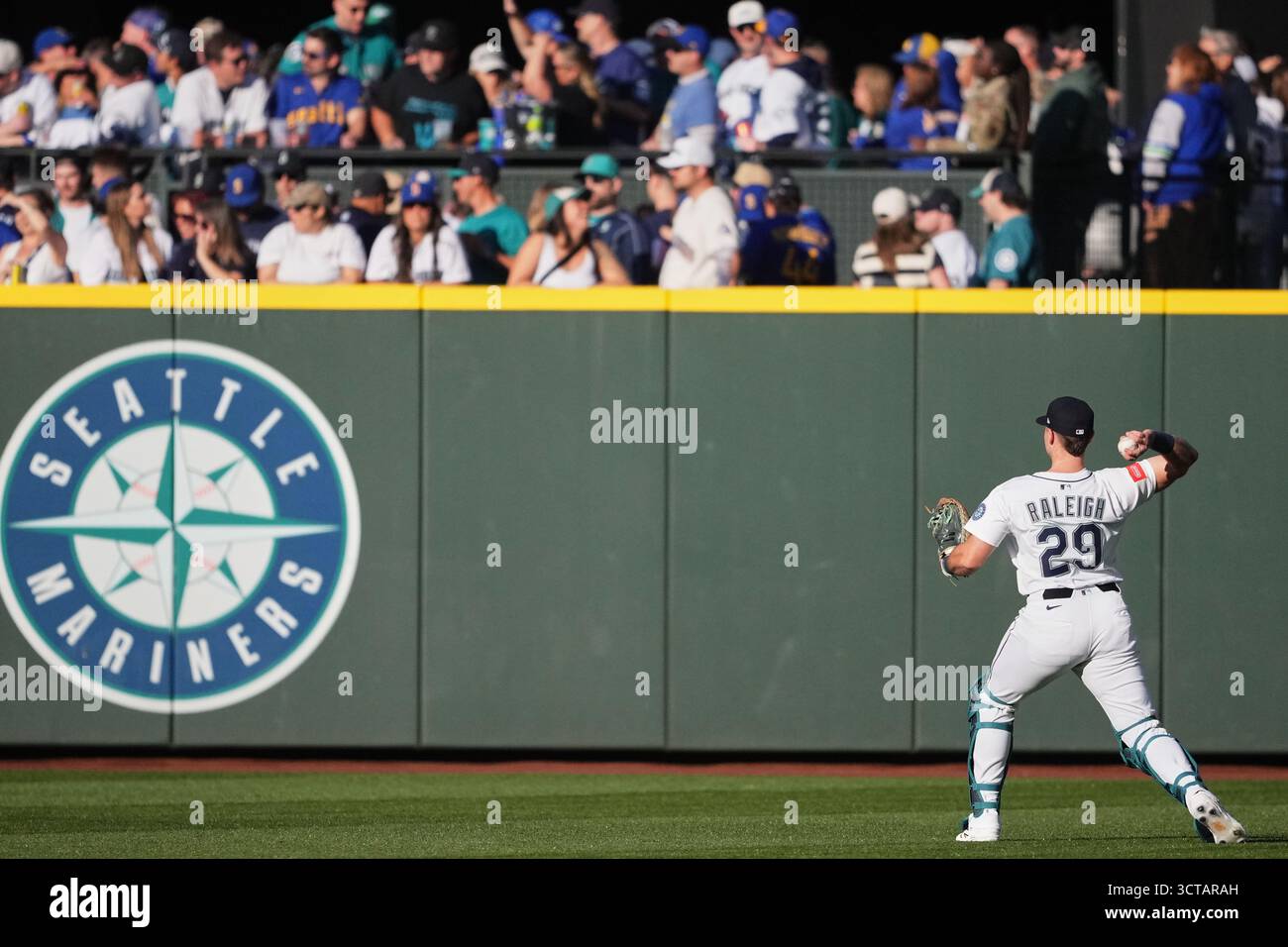 Seattle Mariners catcher Cal Raleigh warms up before Game 2 of baseball ...