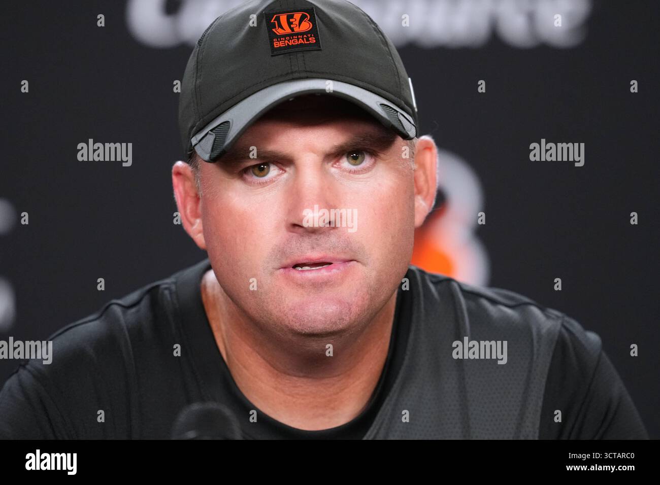 Cincinnati Bengals head coach Zac Taylor talks with the media after an ...