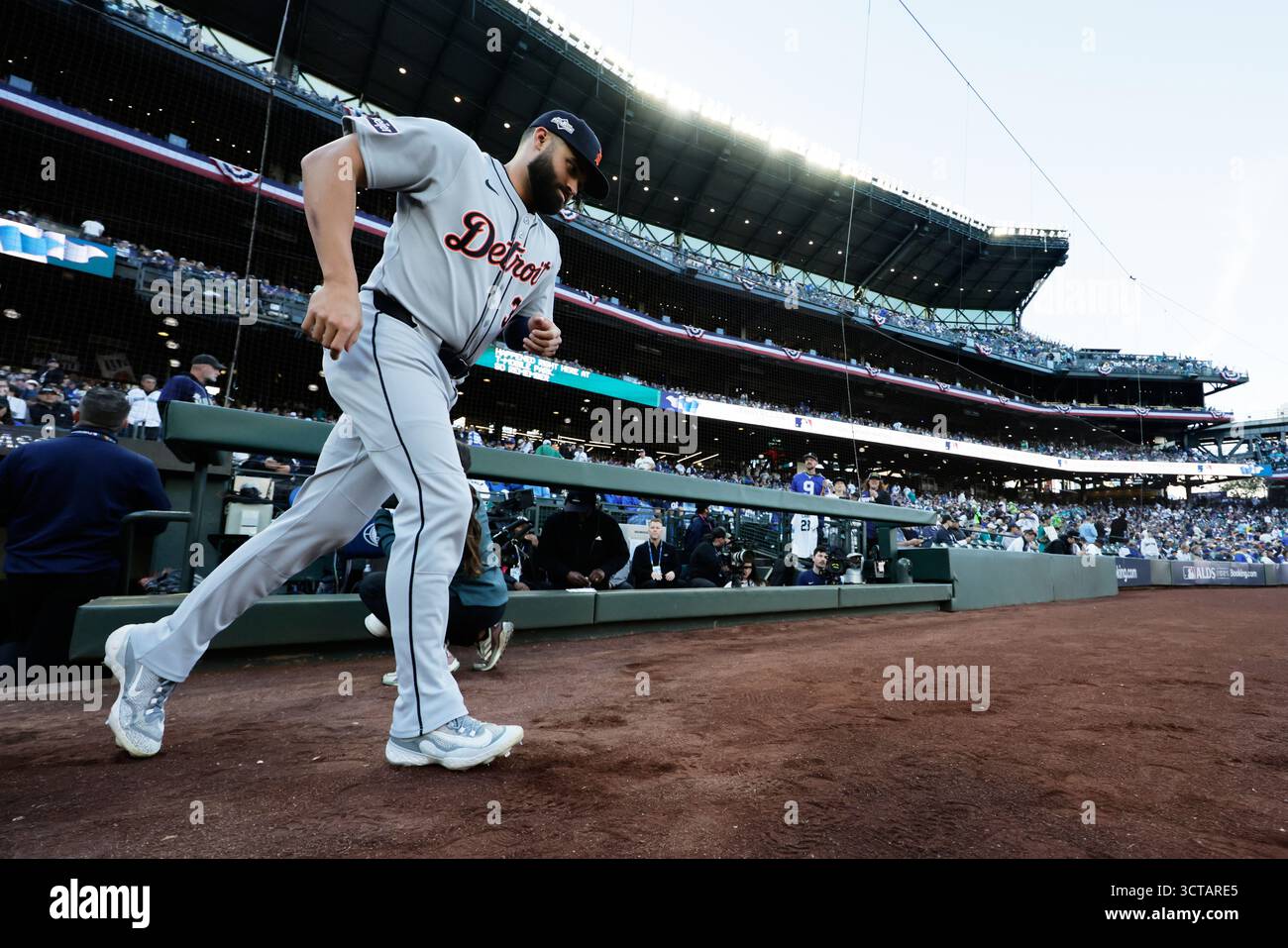 Detroit Tigers left fielder Riley Greene runs onto the field before ...