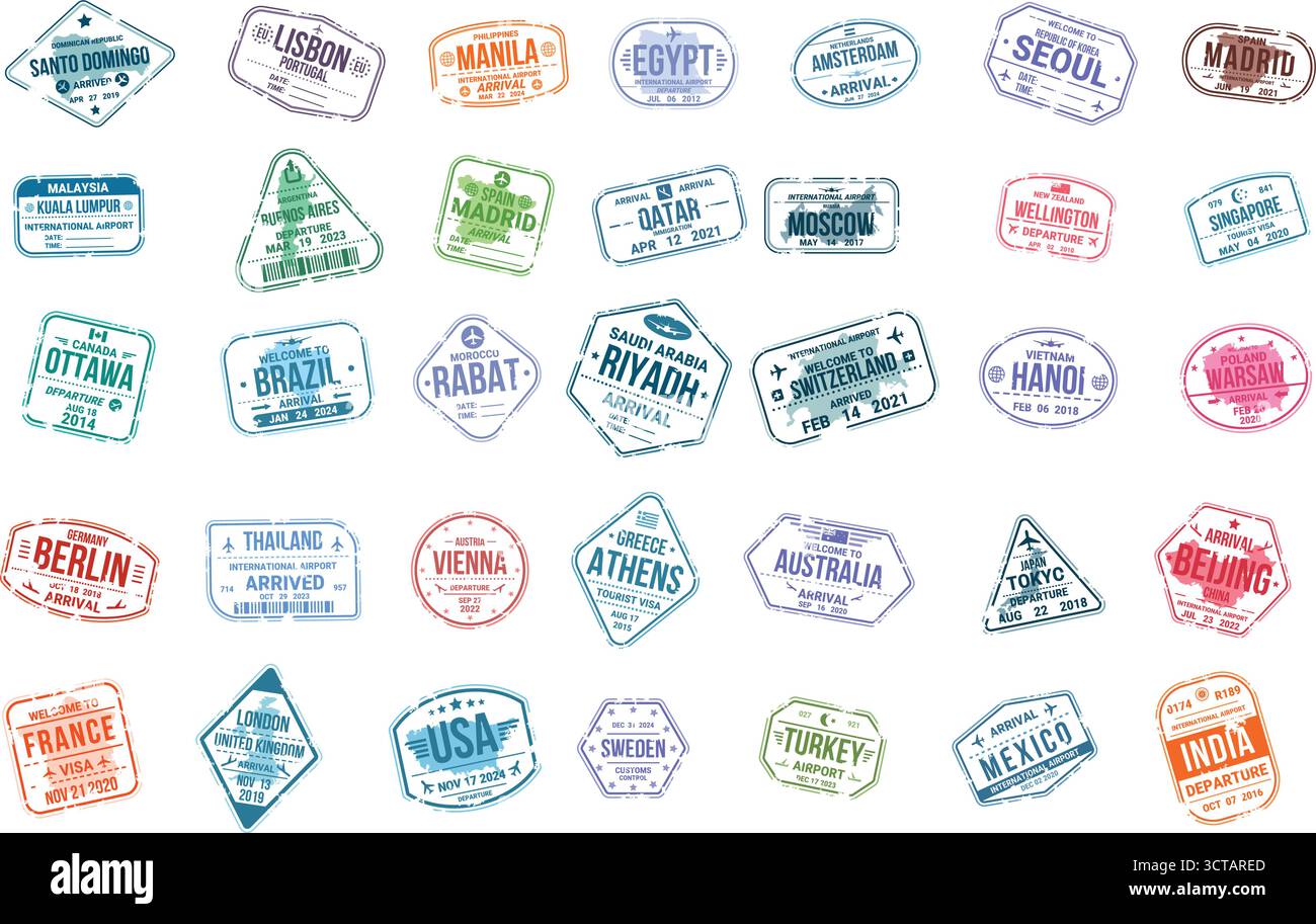 Passport travel stamps. International airport vintage stamp visa ...