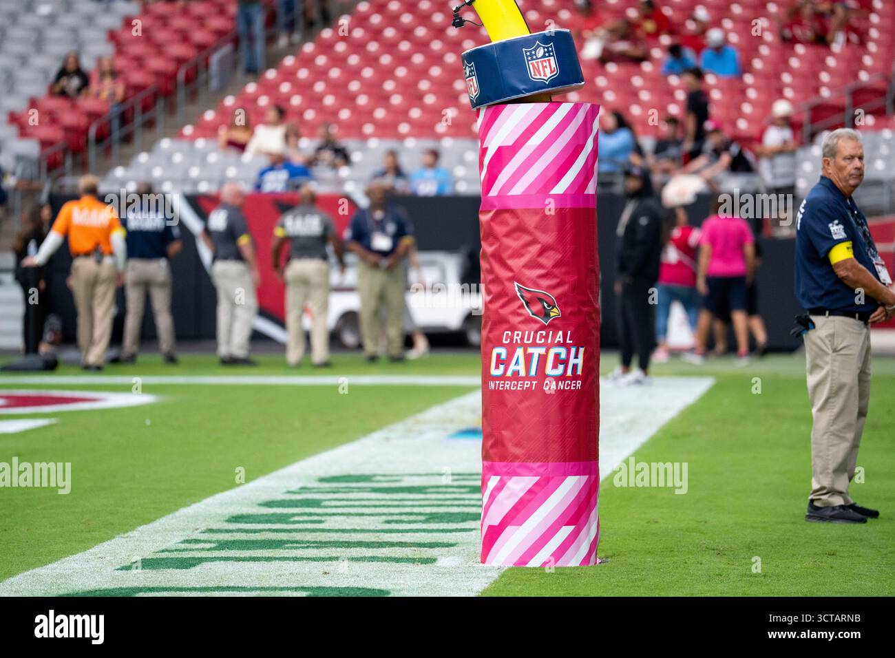 A goal post is decorated with a Crucial Catch logo for an NFL football ...