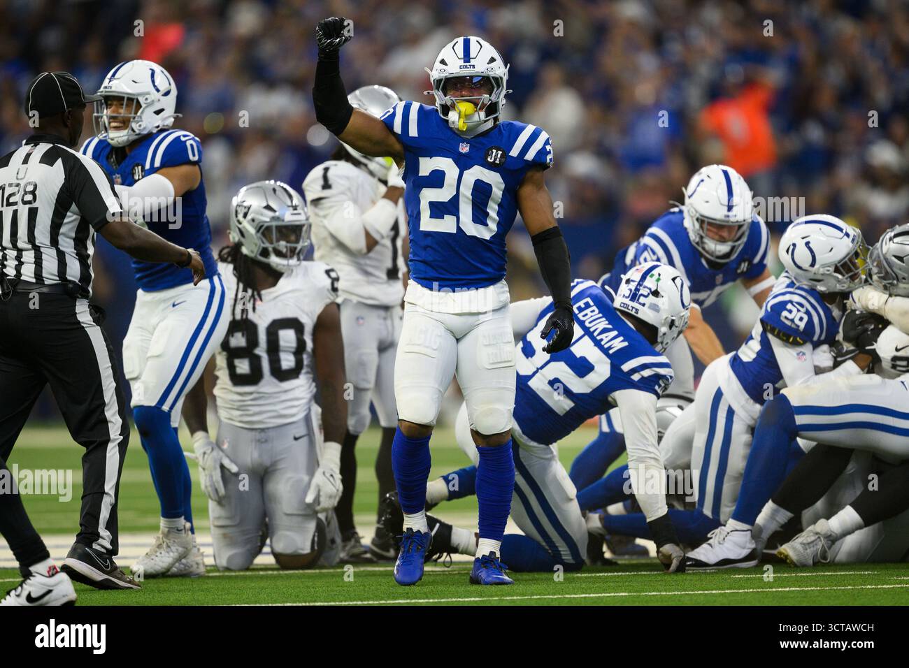 Indianapolis Colts safety Nick Cross (20) celebrates a defensive stop ...