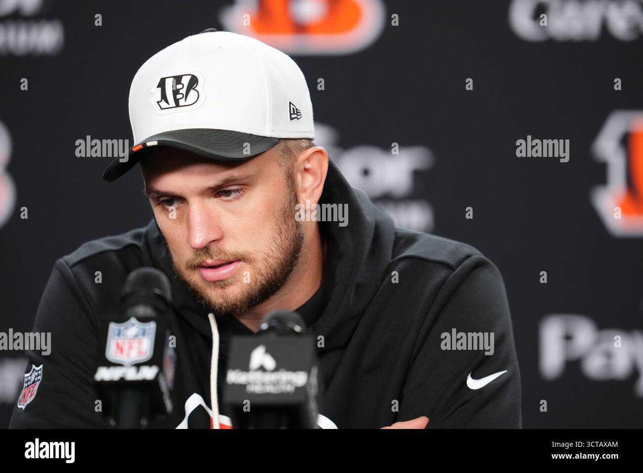 Cincinnati Bengals quarterback Jake Browning talks with the media after ...