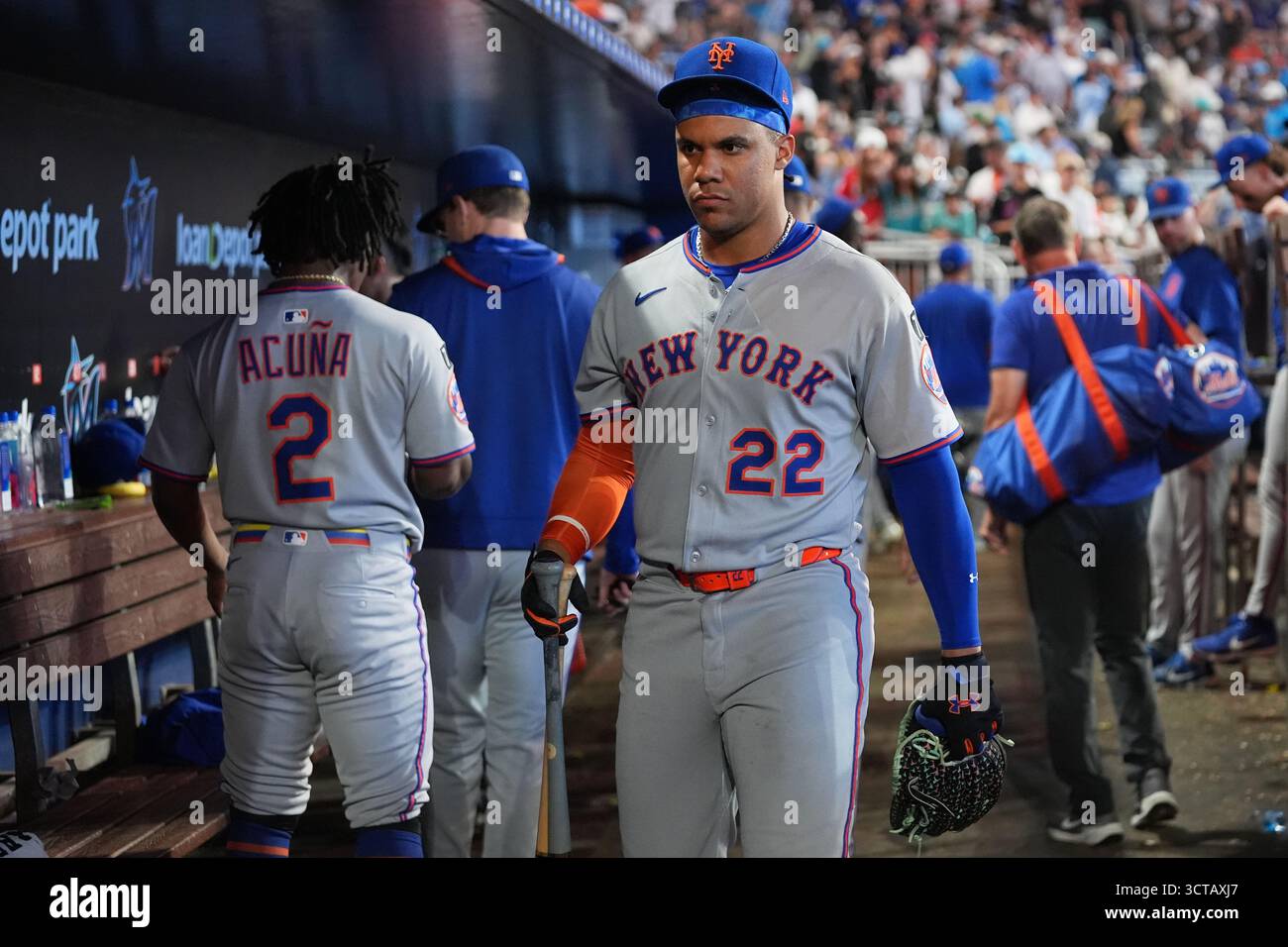 New York Mets' Juan Soto (22) walks in the dugout after the Mets lost ...
