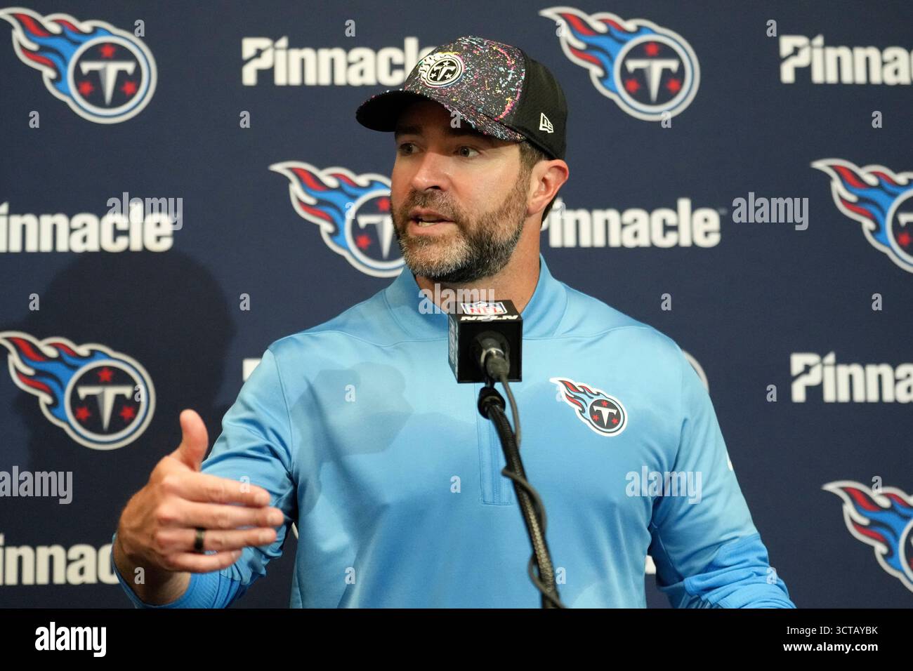 Tennessee Titans head coach Brian Callahan talks during a news conference after an NFL football ...