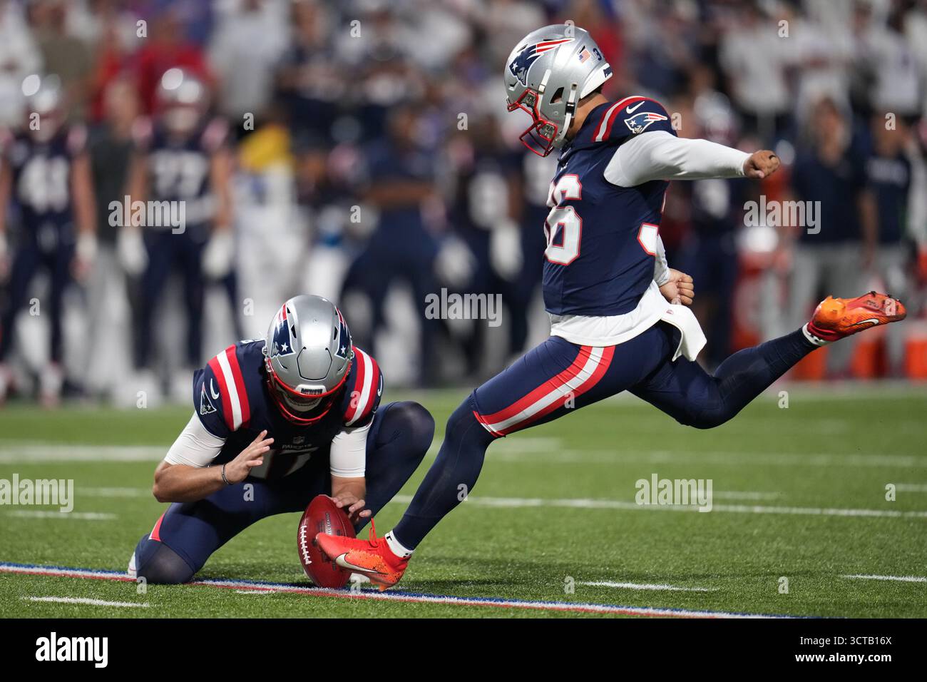 New England Patriots kicker Andy Borregales (36) kicks a field goal ...