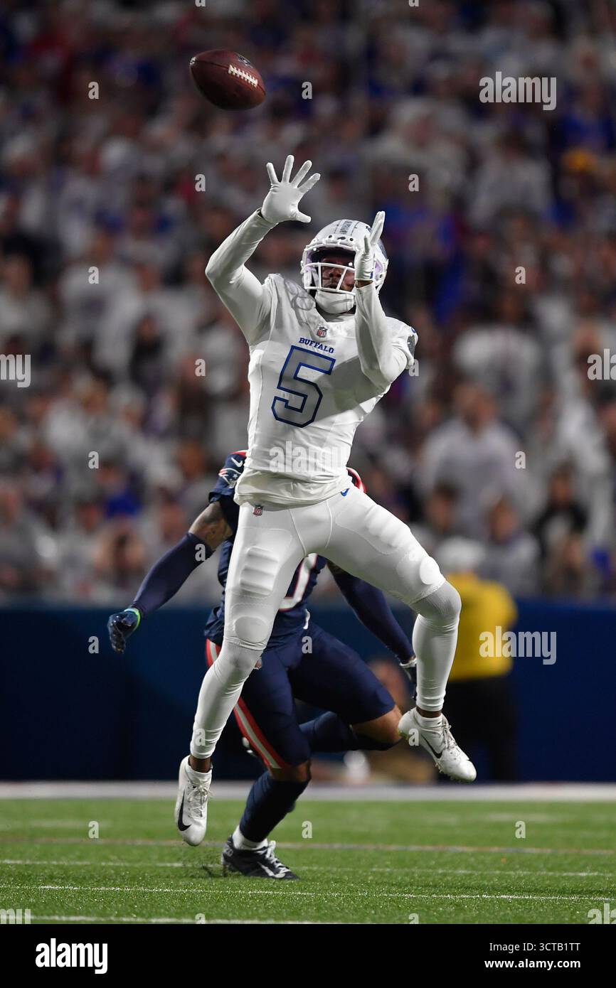 Buffalo Bills wide receiver Josh Palmer (5) reaches for a pass in front ...