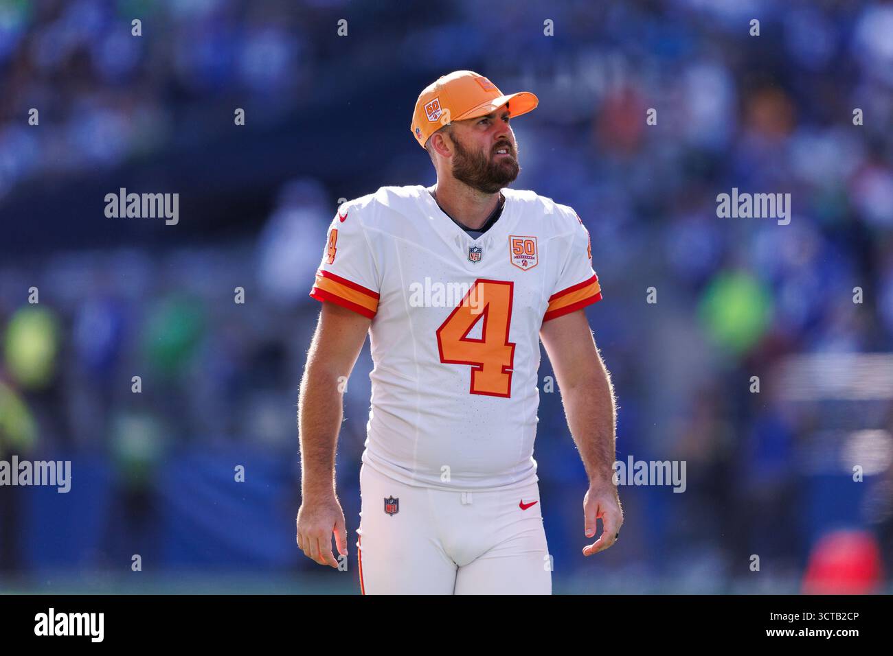 Tampa Bay Buccaneers kicker Chase McLaughlin (4) looks on in between plays during an NFL ...