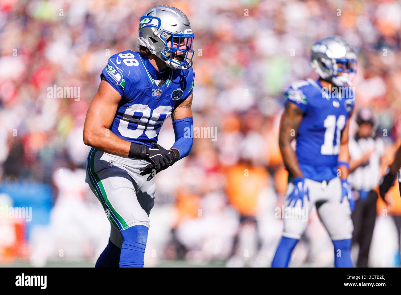 Seattle Seahawks tight end AJ Barner (88) looks on before the start of ...