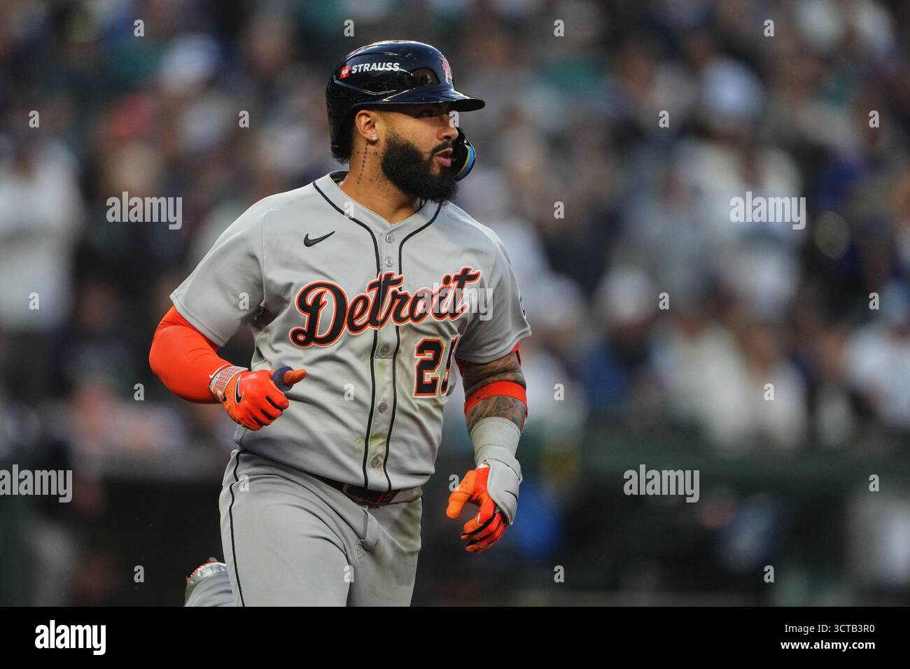Detroit Tigers' Gleyber Torres runs after hitting a single during the ...