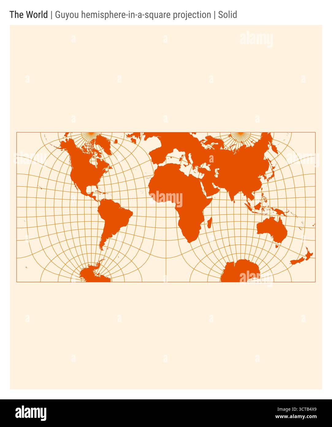 World Map. Guyou hemisphere-in-a-square projection. Solid style. High ...