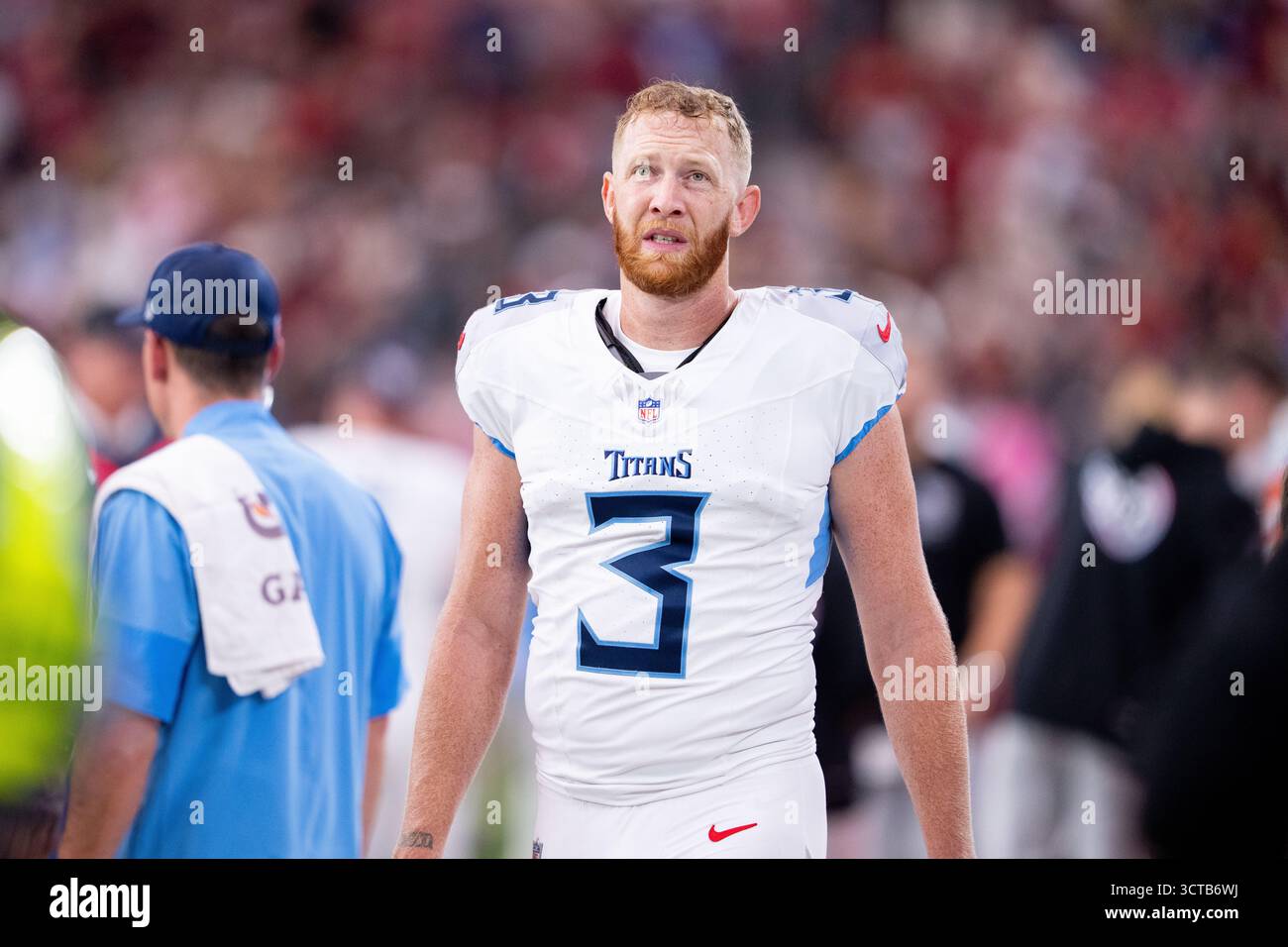 Tennessee Titans punter Johnny Hekker (3) walks with his helmet off in ...