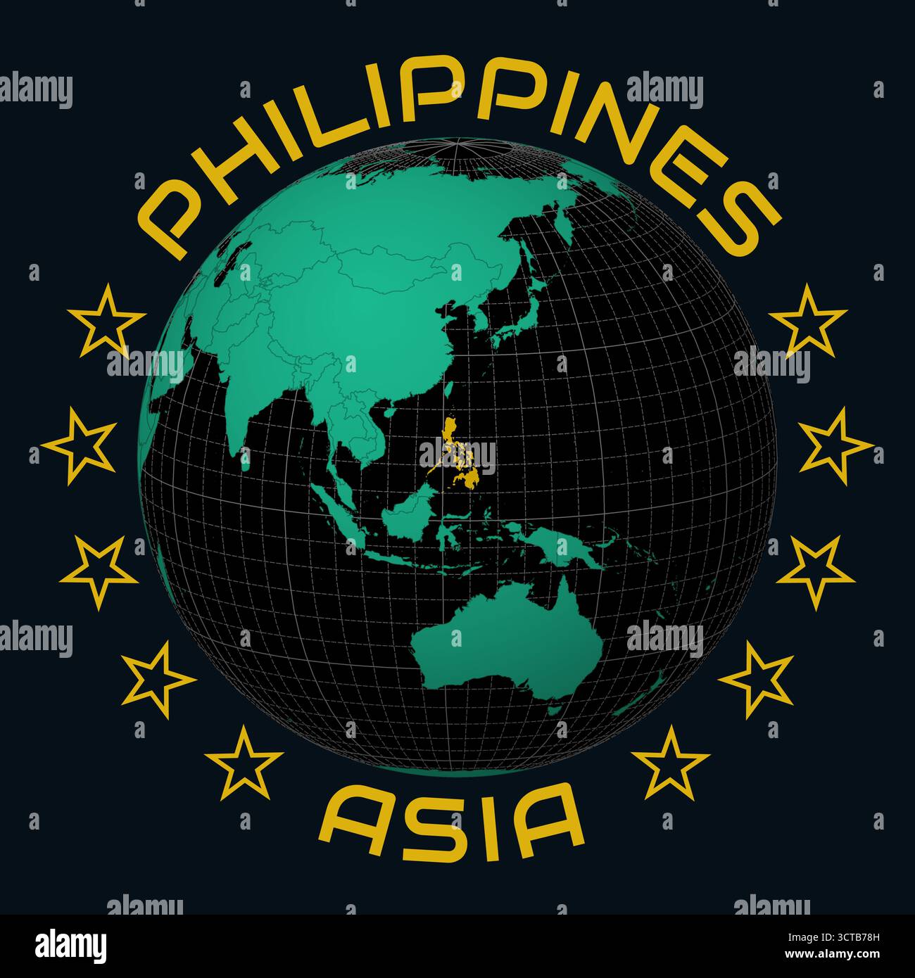 Philippines on Globe. Round country and continent name text. Country ...