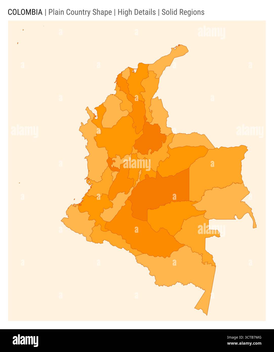 Colombia plain country map. High details. Solid regions style. Shape of ...