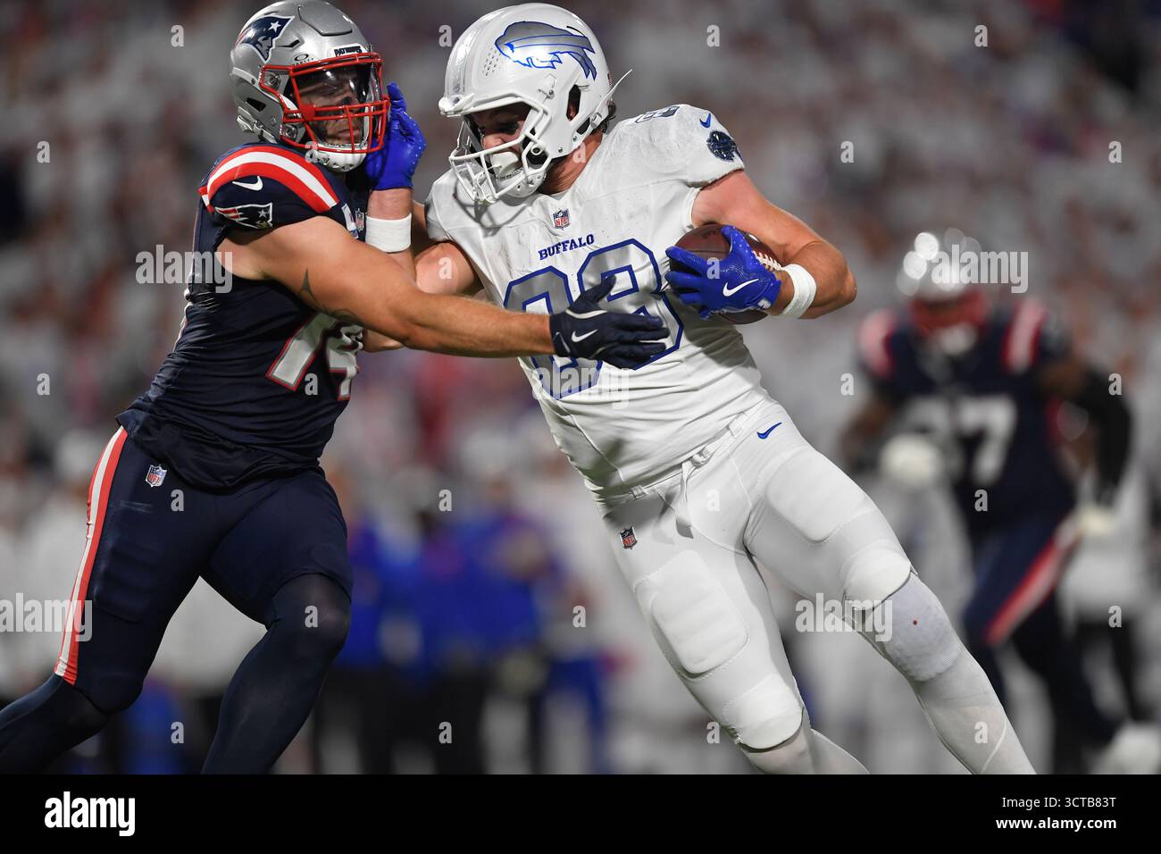 Buffalo Bills tight end Dawson Knox (88) is hit by New England Patriots linebacker Robert ...