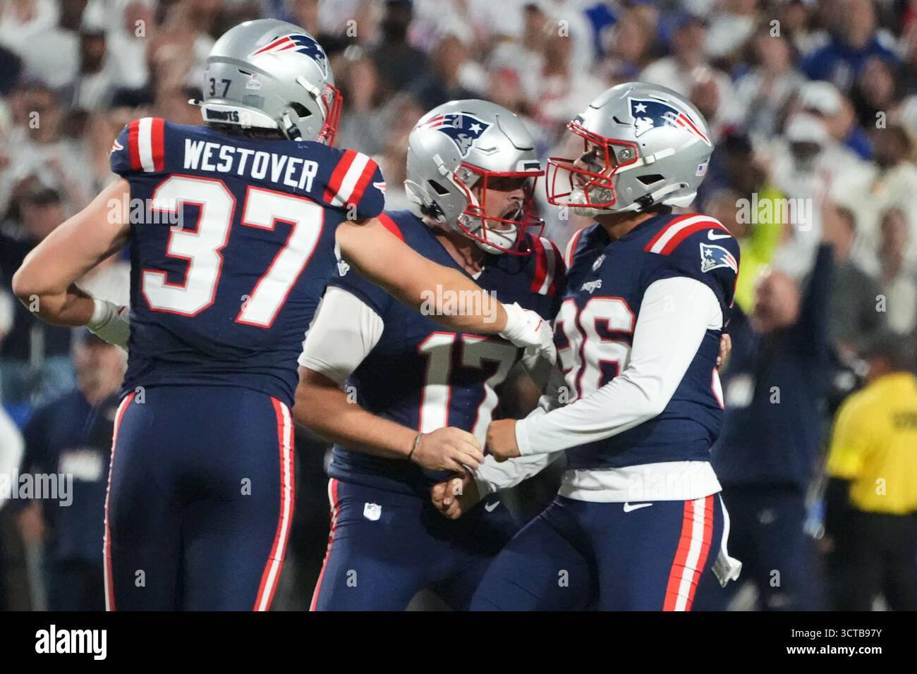 New England Patriots kicker Andy Borregales (36) celebrates his game ...