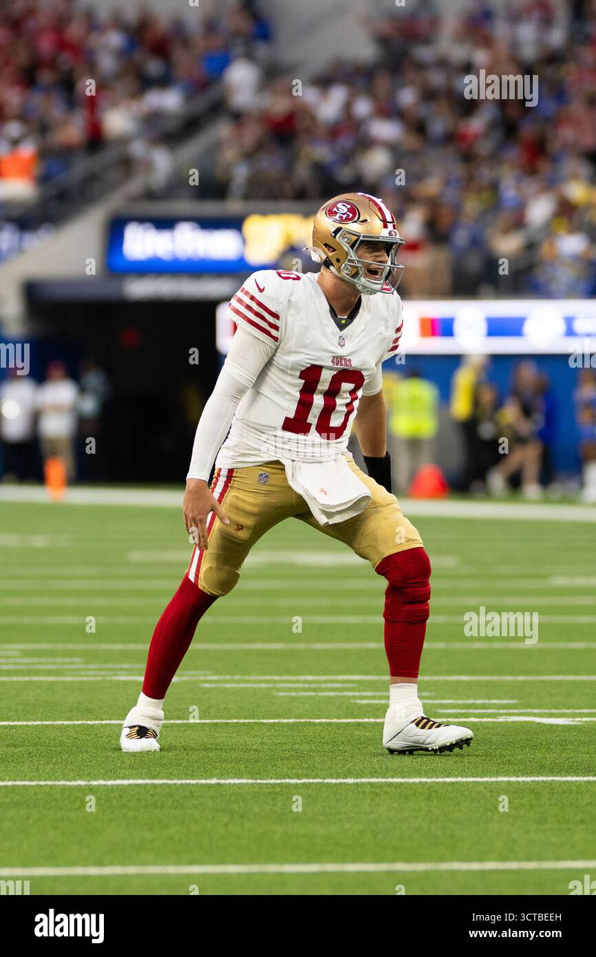 San Francisco 49ers quarterback Mac Jones (10) reacts during an NFL ...