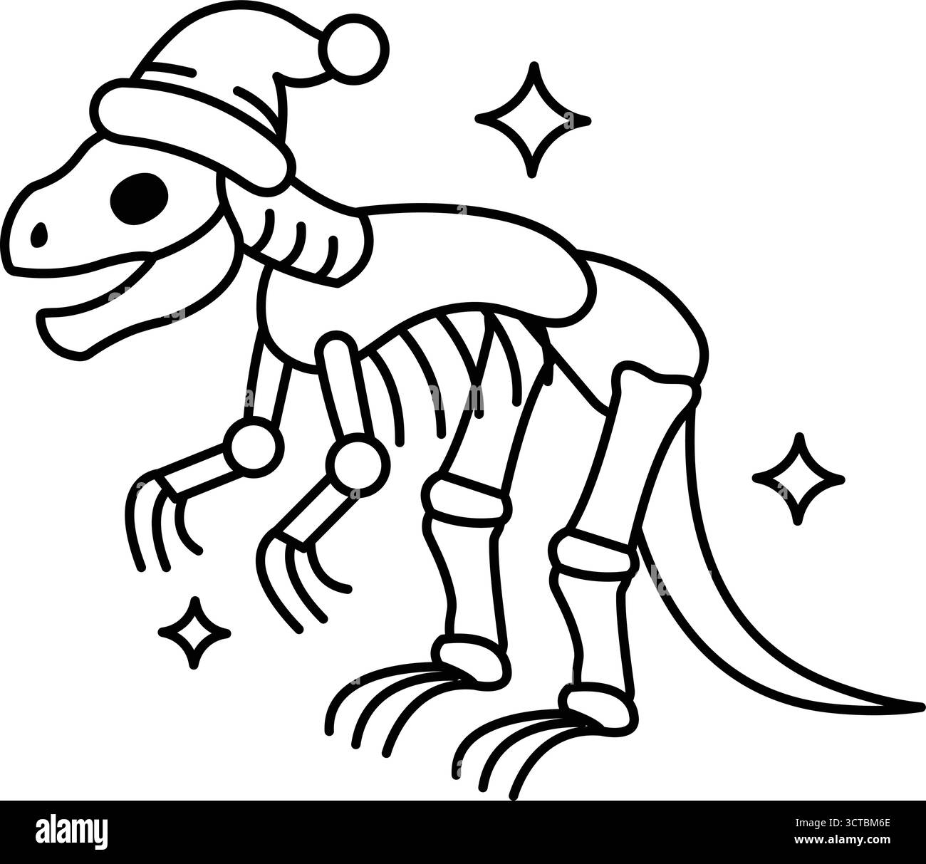 A skeleton dinosaur with a hat on its head. The hat is red and white ...