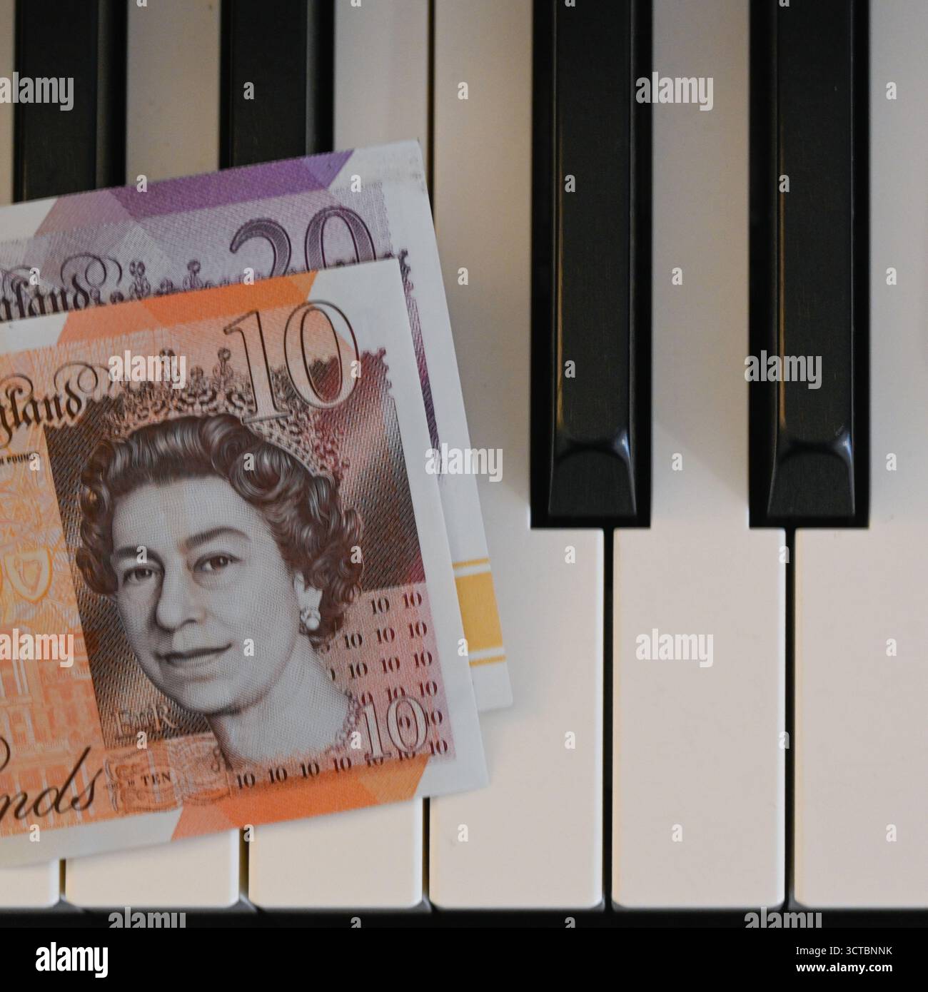 UK Bank notes laying on piano keyboard Stock Photo - Alamy