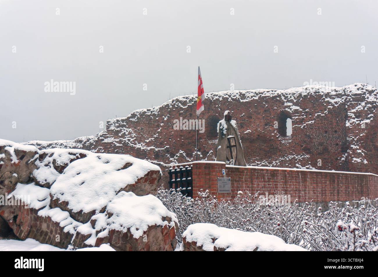 Snow covered ruins of castle of Teutonic Order. Gloomy day, December ...