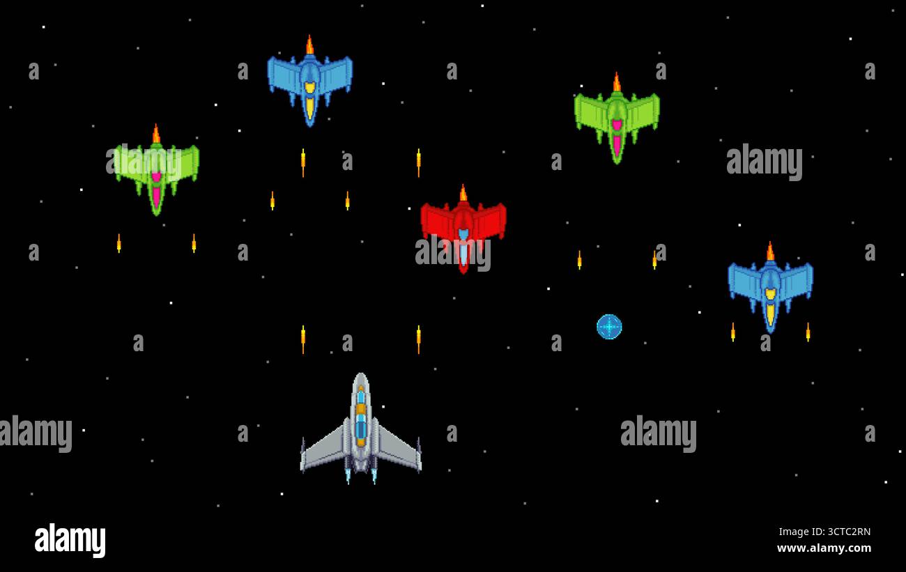 Retro pixel art vector scene of a space battle with spaceships on ...