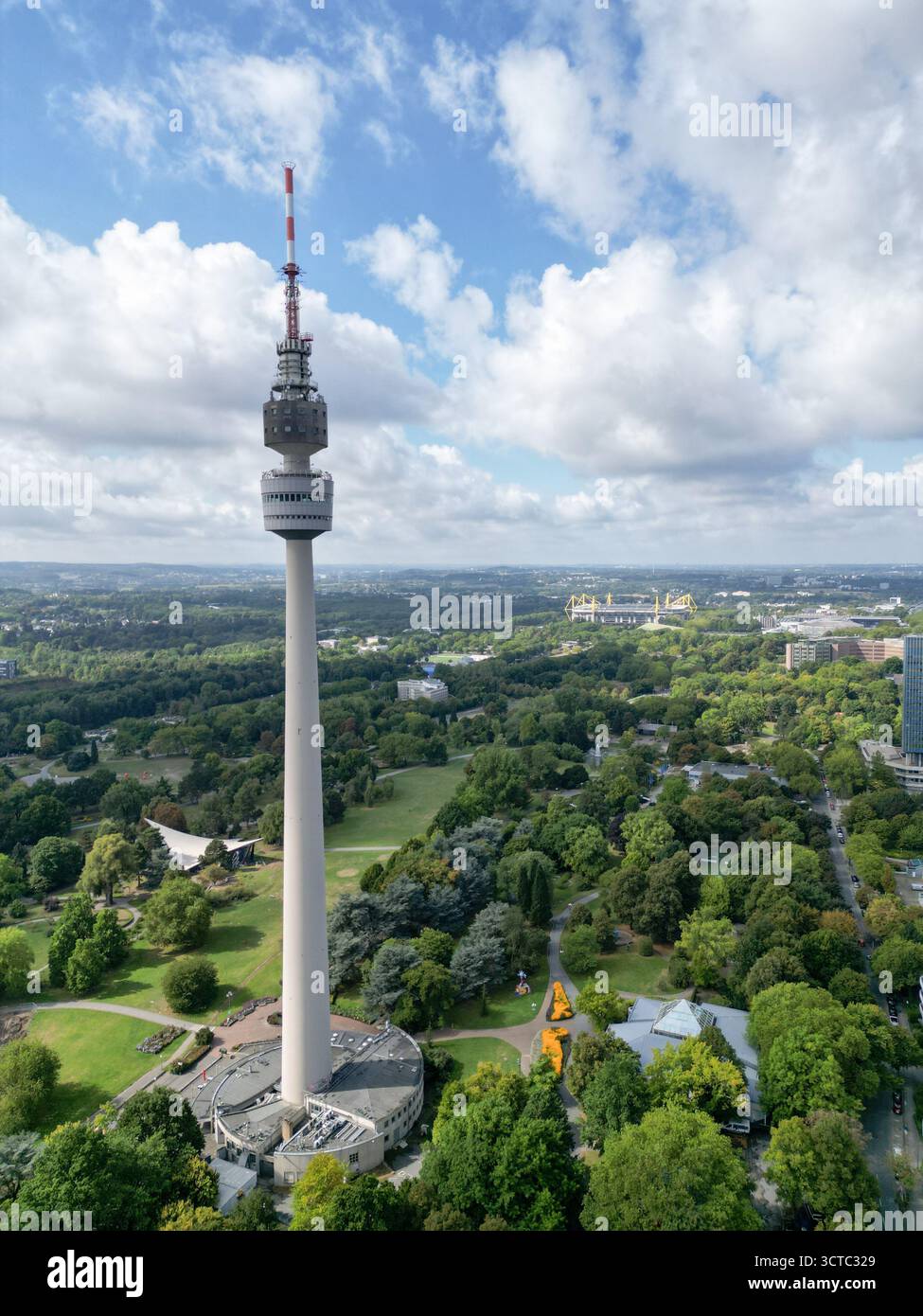 Aerial view of the towering Florianturm against a backdrop of verdant ...