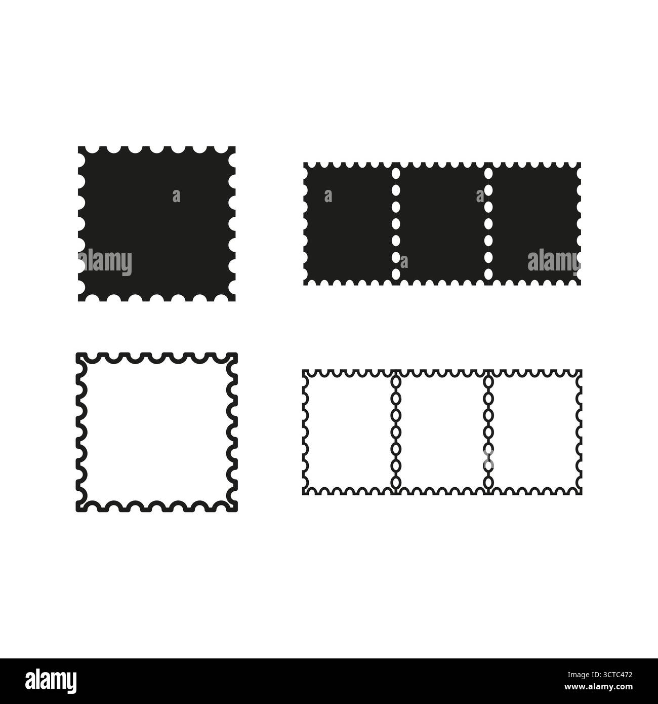 Set of postage stamps. Simple perforate frames. Black white element ...