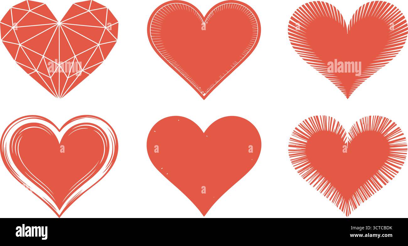 Stylized red heart icon set featuring geometric, radiating, swirling ...