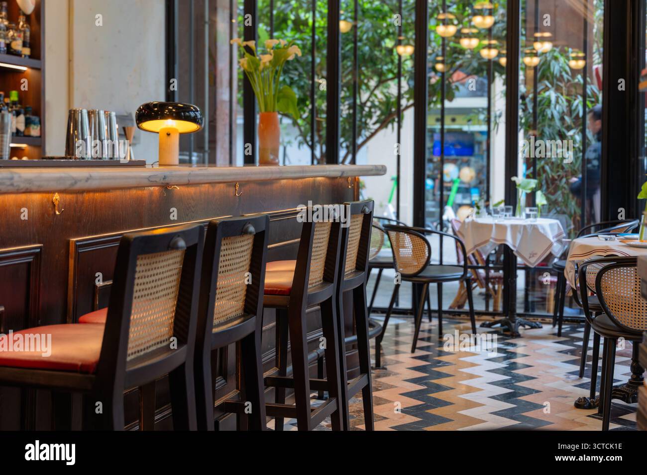 An atmospheric cafe or bar with a vintage style. Dark wooden bar ...
