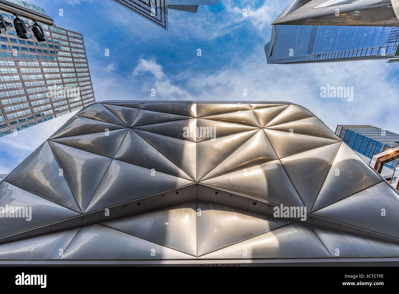 The Shed cultural center with its distinctive metallic shell structure ...