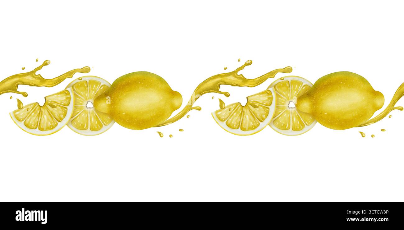 Seamless lemon border with slices and juice splash, watercolor drawing ...