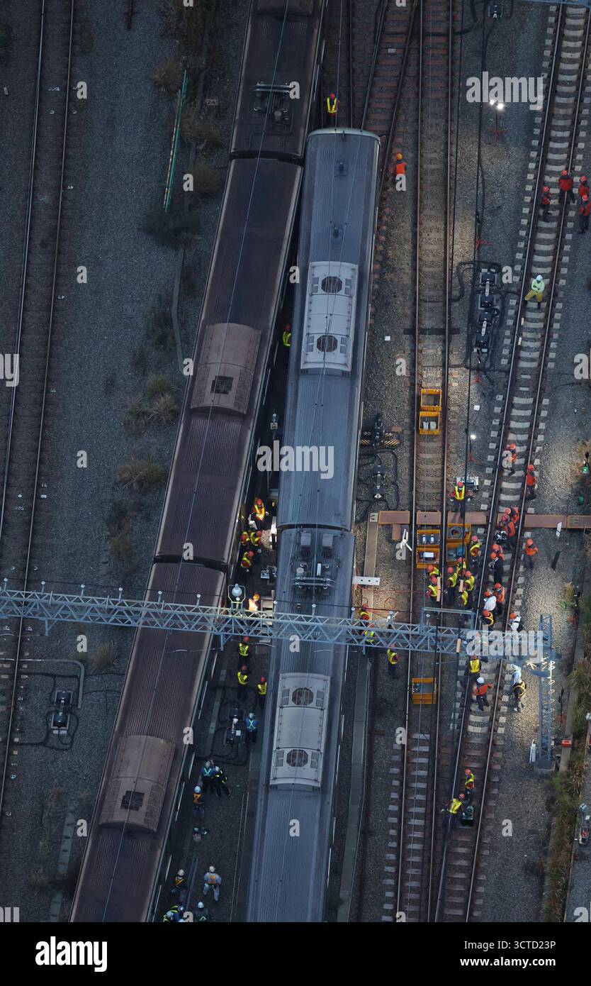 An aerial photograph shows the two trains that collided on the Tokyu ...