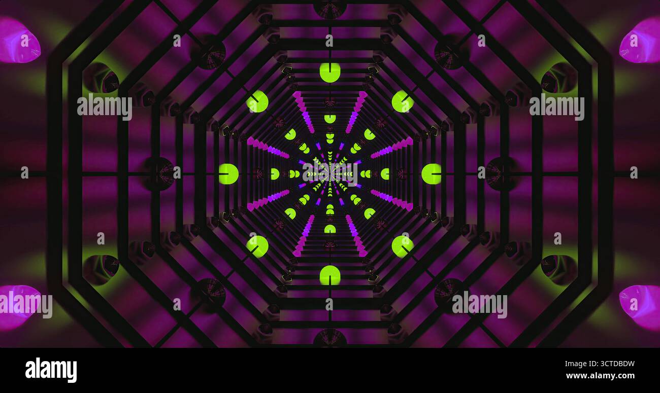 Bright neon lights in purple and green form a vibrant, abstract tunnel ...