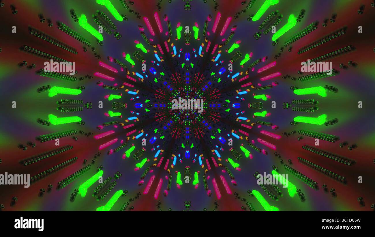 A vibrant display of neon colors radiates from the center, creating an ...