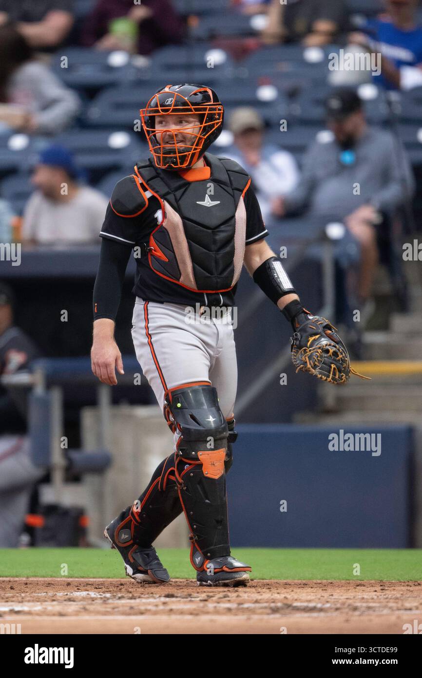 Catcher Maverick Handley (14) of the Norfolk Tides in action during an ...