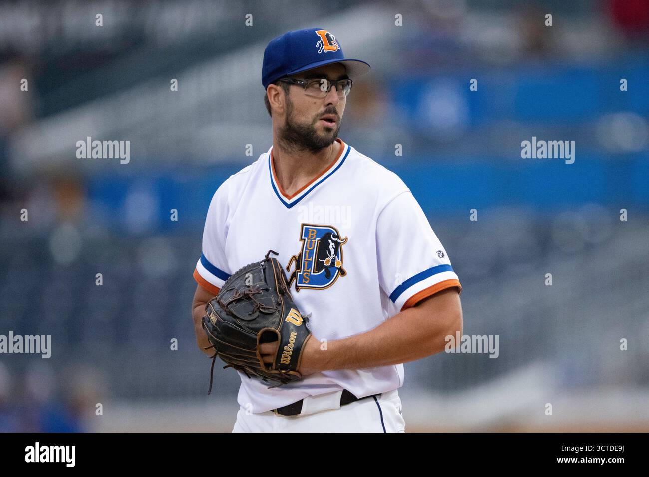 Pitcher Joe Boyle (39) of the Durham Bulls looks to his catcher for the ...