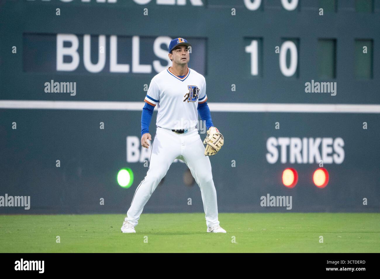 Left fielder Coco Montes (5) of the Durham Bulls in action during an ...