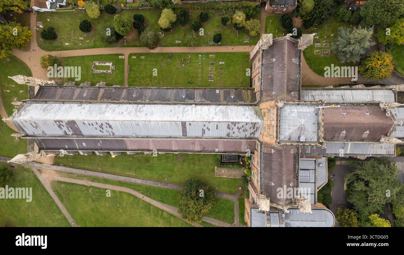 Top-down aerial drone photo of St Albans Cathedral showing roof details ...