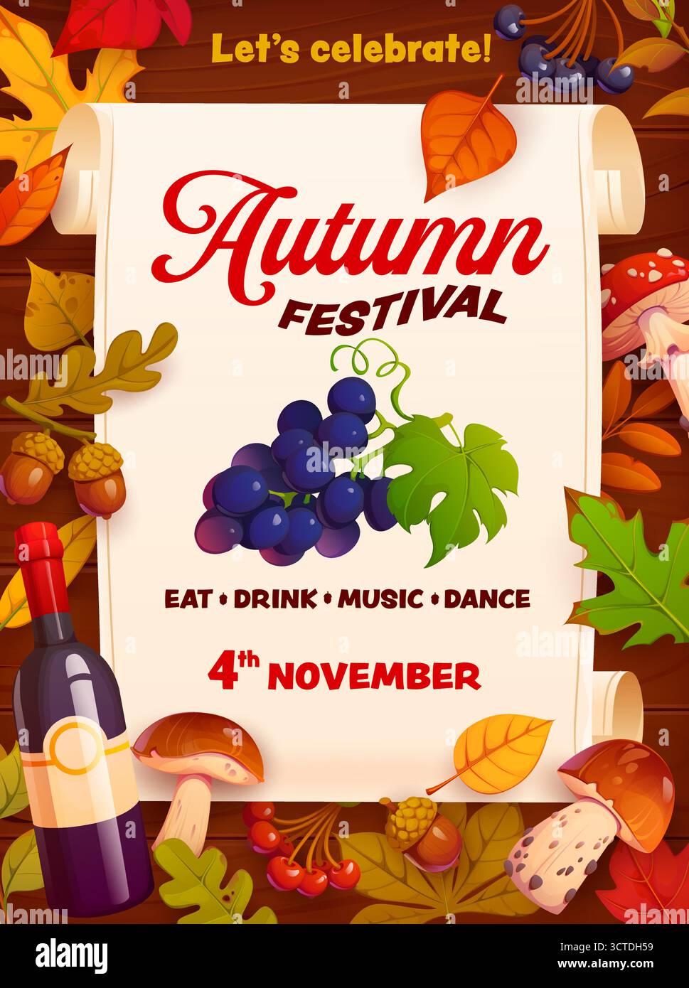 Autumn fall season festival party poster with decorative scroll, grape ...