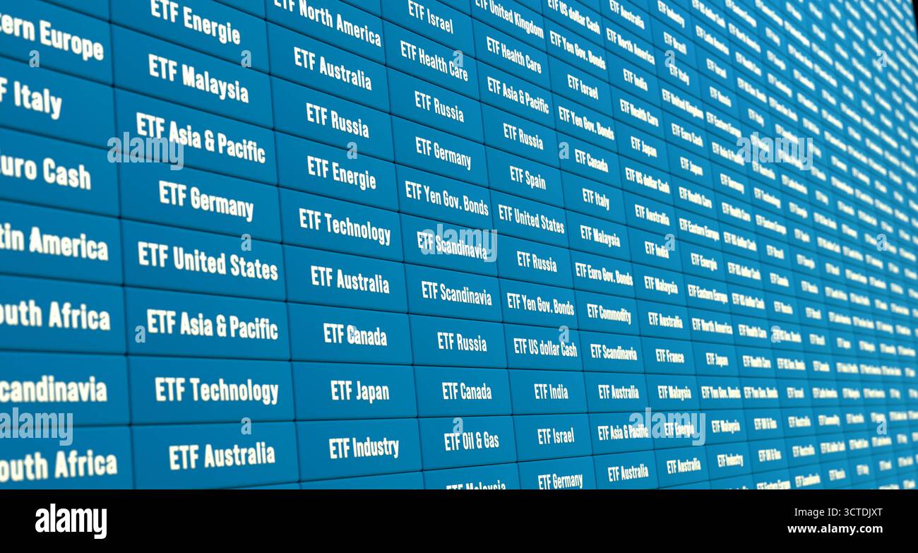 Blue ETF board, global exchange-traded funds, investment opportunities ...