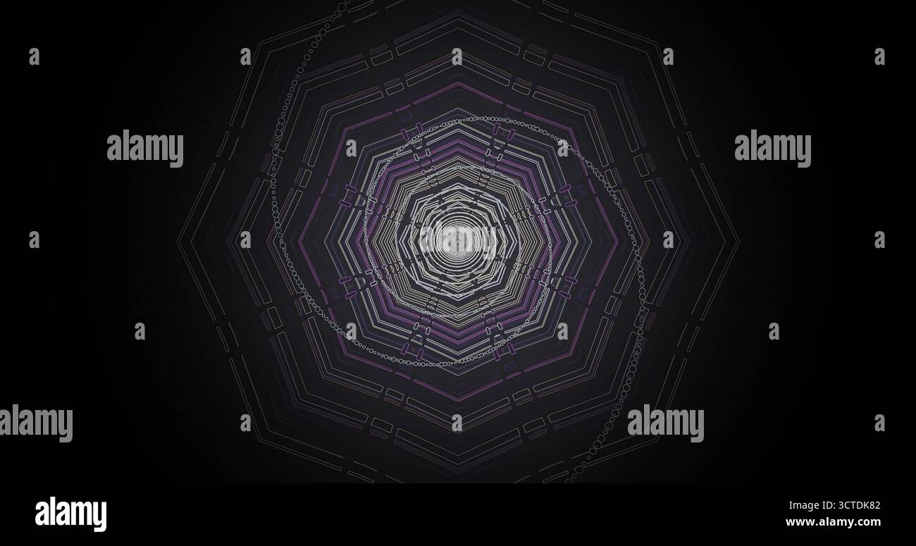 A geometric spiral design radiates outward against a smooth black ...
