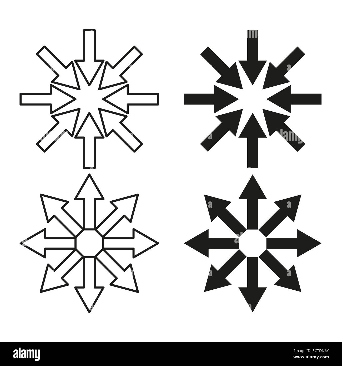Starburst arrow collection. Six direction pointers. Abstract black ...