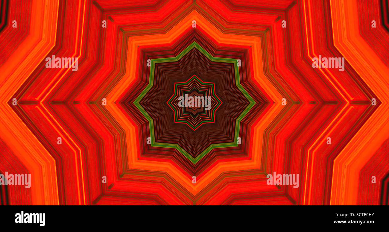 A striking geometric design features star shapes in bright red, orange ...